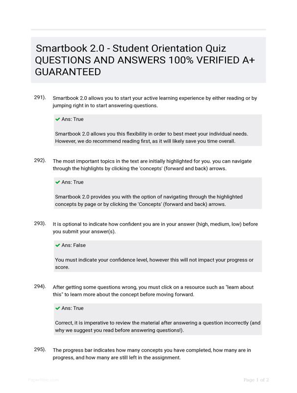 Smartbook 2.0 - Student Orientation Quiz QUESTIONS AND ANSWERS 100% ...