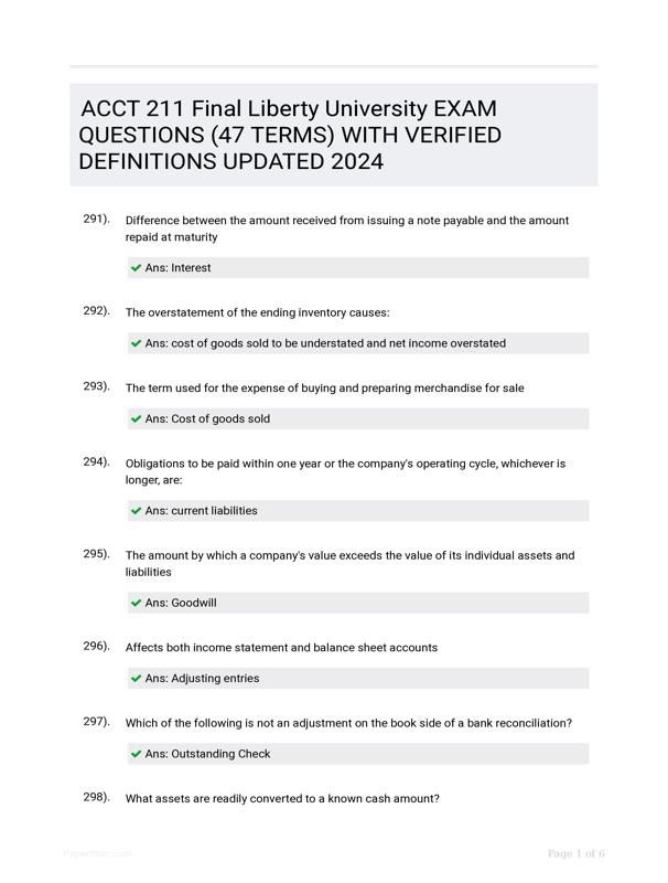 ACCT 211 Final Liberty University EXAM QUESTIONS (47 TERMS) WITH ...