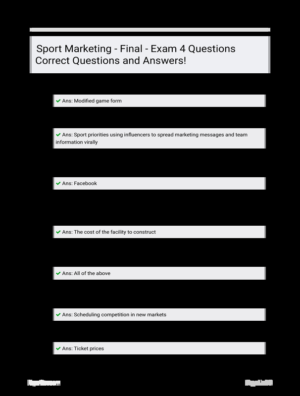Sport Marketing - Final - Exam 4 Questions Correct Questions And Answers!