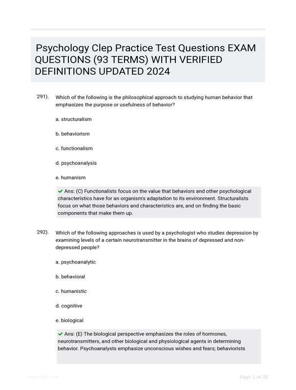 Psychology Clep Practice Test Questions EXAM QUESTIONS (93 TERMS) WITH ...