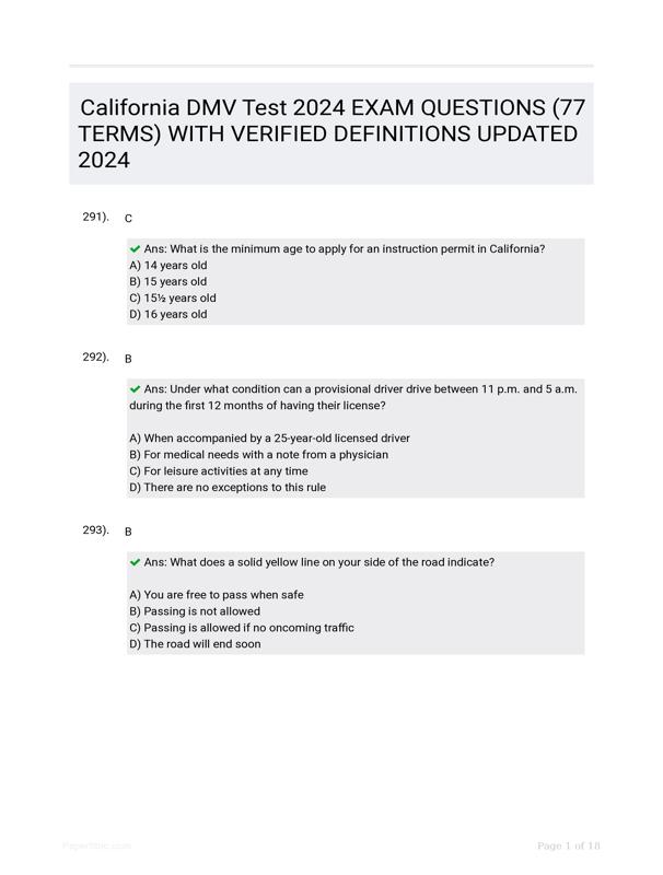 California DMV Test 2024 EXAM QUESTIONS (77 TERMS) WITH VERIFIED ...
