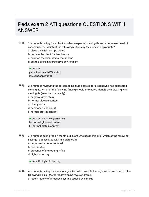 Peds Exam 2 ATI Questions QUESTIONS WITH ANSWER