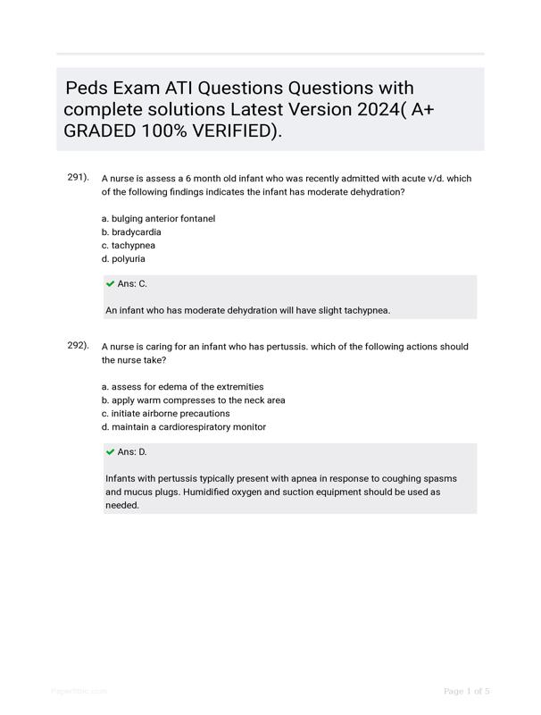 Peds Exam ATI Questions Questions With Complete Solutions Latest ...