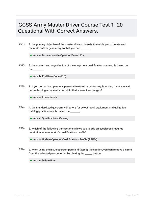 GCSS-Army Master Driver Course Test 1 |20 Questions| With Correct Answers.