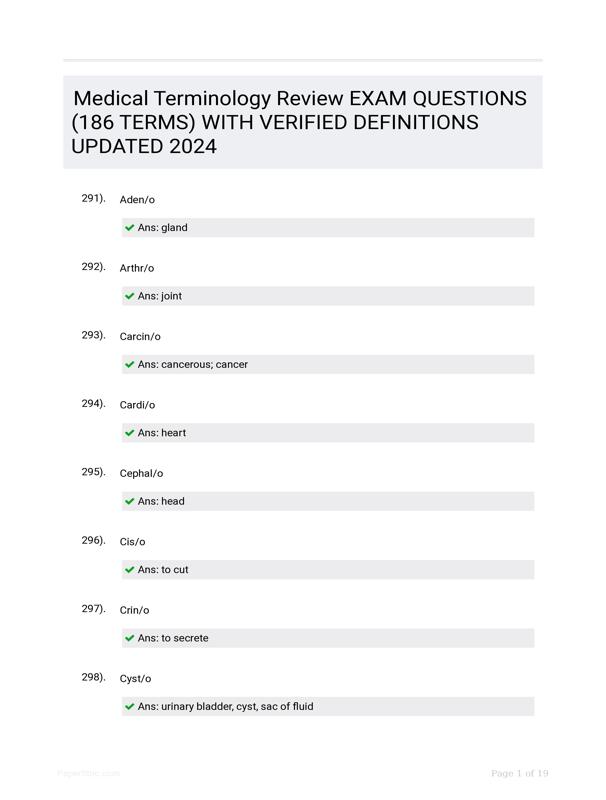 Medical Terminology Review EXAM QUESTIONS (186 TERMS) WITH VERIFIED ...