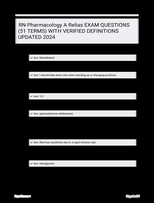 RN Pharmacology A Relias EXAM QUESTIONS (51 TERMS) WITH VERIFIED ...