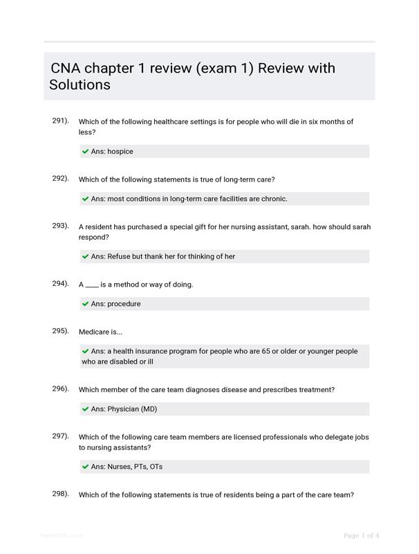 CNA Chapter 1 Review (exam 1) Review With Solutions