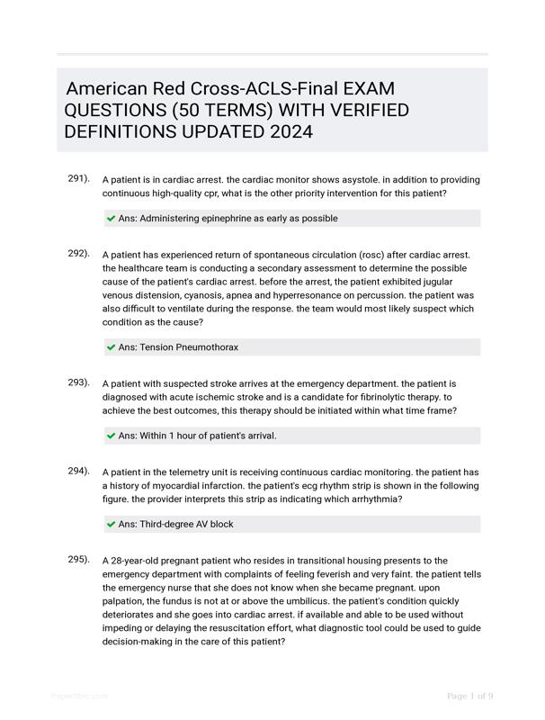 American Red Cross-ACLS-Final EXAM QUESTIONS (50 TERMS) WITH VERIFIED ...