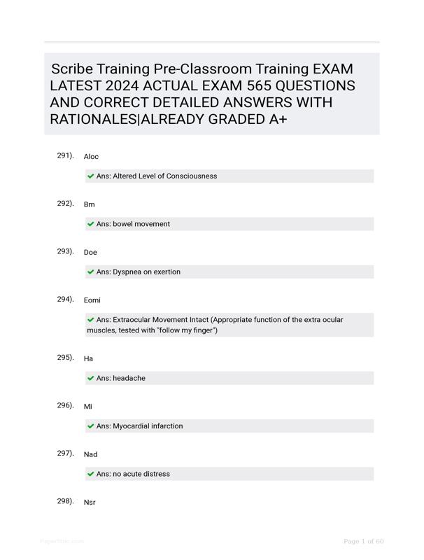 Scribe Training Pre-Classroom Training EXAM LATEST 2024 ACTUAL EXAM 565 ...