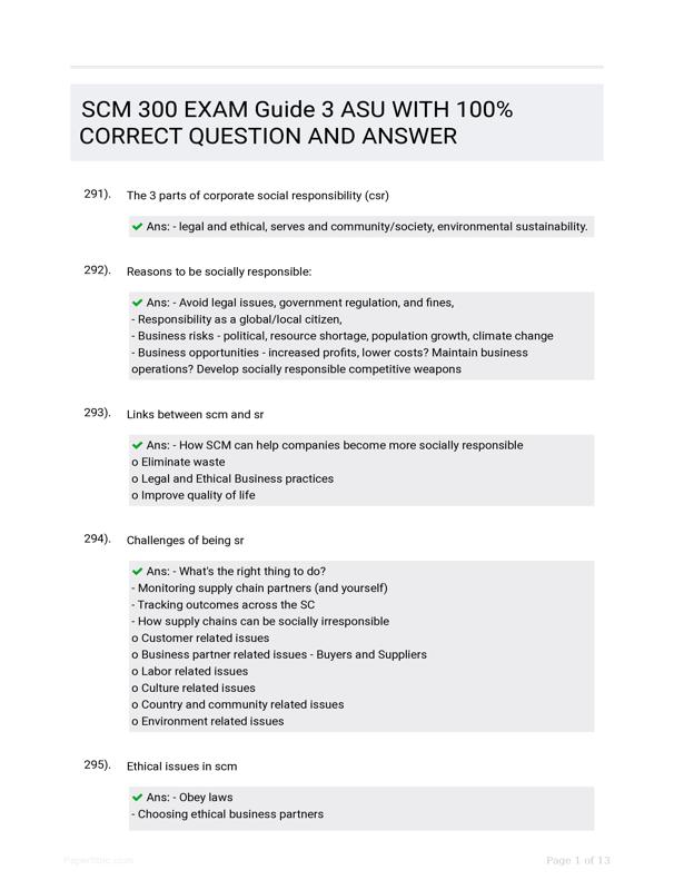SCM 300 EXAM Guide 3 ASU WITH 100% CORRECT QUESTION AND ANSWER