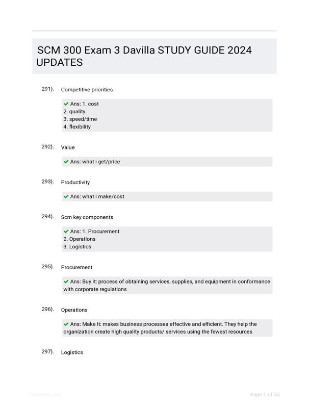 SCM 300 Exam 3 Davilla STUDY GUIDE 2024 UPDATES