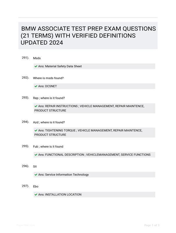 BMW ASSOCIATE TEST PREP EXAM QUESTIONS (21 TERMS) WITH VERIFIED ...
