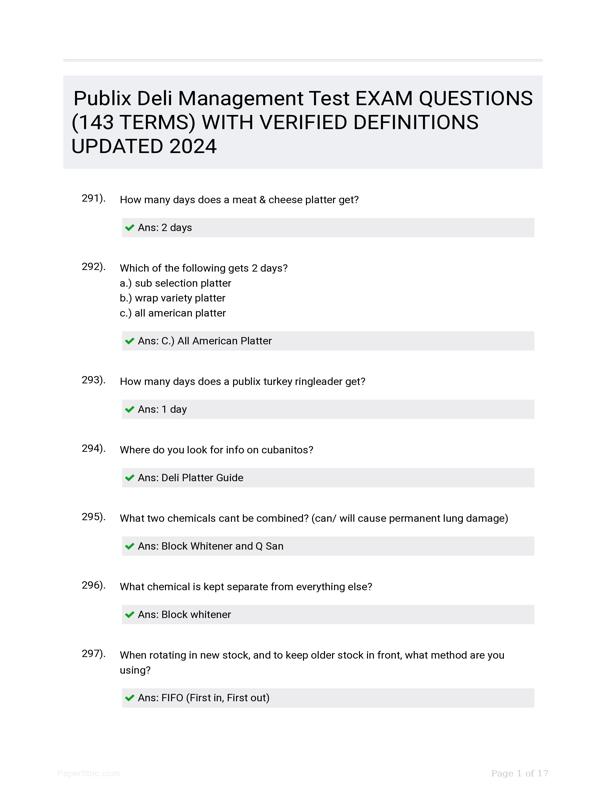 Publix Deli Management Test EXAM QUESTIONS (143 TERMS) WITH VERIFIED ...