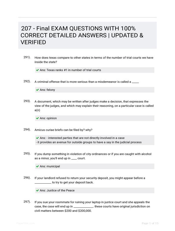 207 - Final Exam Prep Questions With Accurate Answers