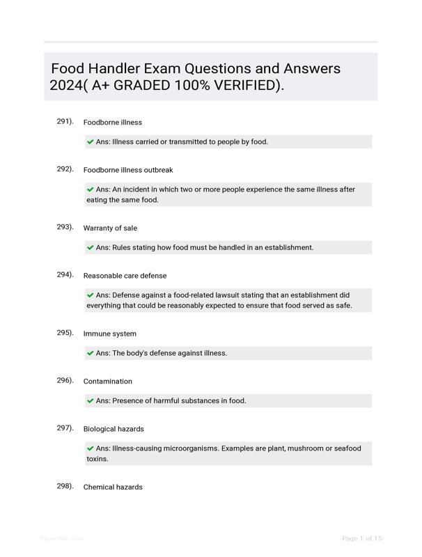 Food Handler Exam Questions And Answers 2024( A+ GRADED 100% VERIFIED).