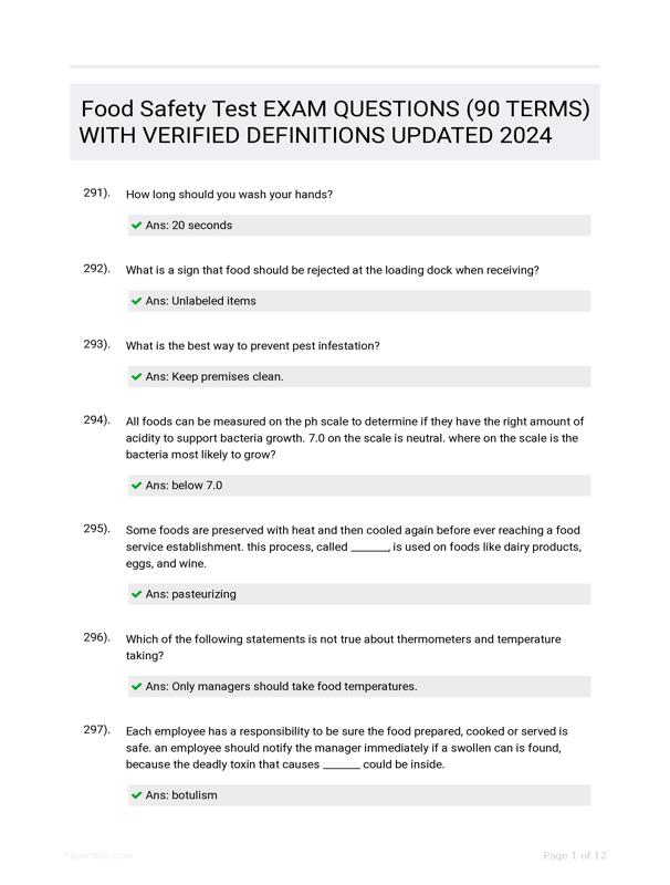 Food Safety Test EXAM QUESTIONS (90 TERMS) WITH VERIFIED DEFINITIONS ...