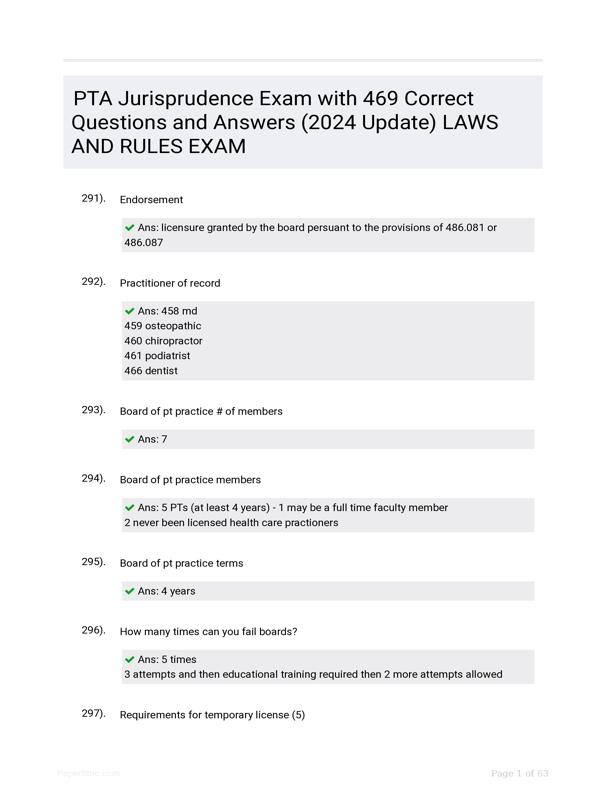 PTA Jurisprudence Exam With 469 Correct Questions And Answers (2024 ...