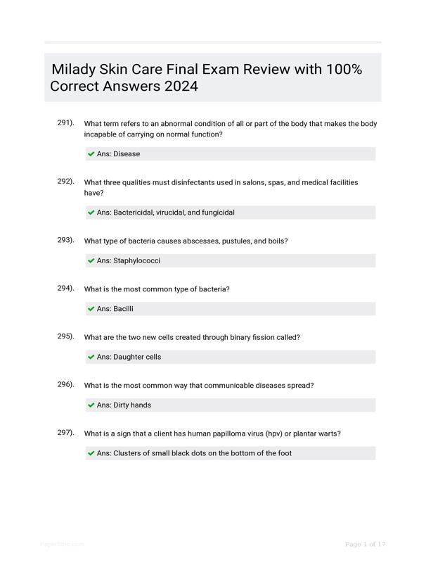 Milady Skin Care Final Exam Review With 100% Correct Answers 2024