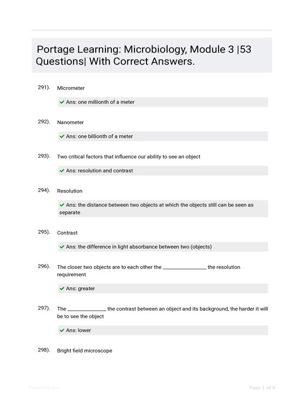 Portage Learning: Microbiology, Module 3 |53 Questions| With Correct ...