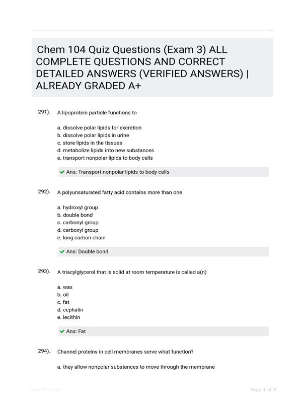 Chem 104 Quiz Questions (Exam 3) ALL COMPLETE QUESTIONS AND CORRECT ...