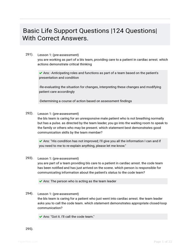 Basic Life Support Questions |124 Questions| With Correct Answers.
