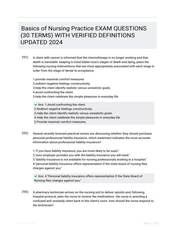 Basics Of Nursing Practice EXAM QUESTIONS (30 TERMS) WITH VERIFIED ...