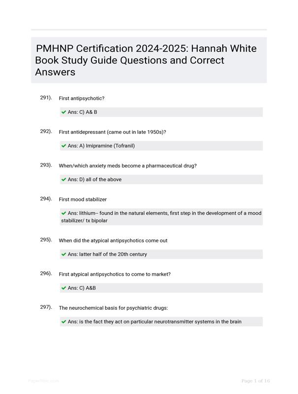 PMHNP Certification 2024-2025: Hannah White Book Study Guide Questions ...