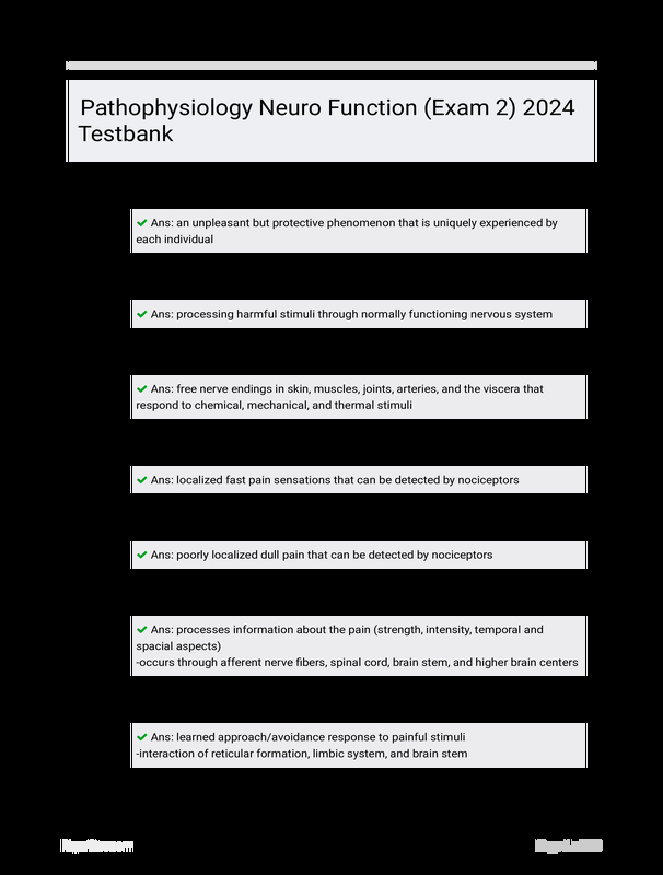 Pathophysiology Neuro Function (Exam 2) 2024 Testbank