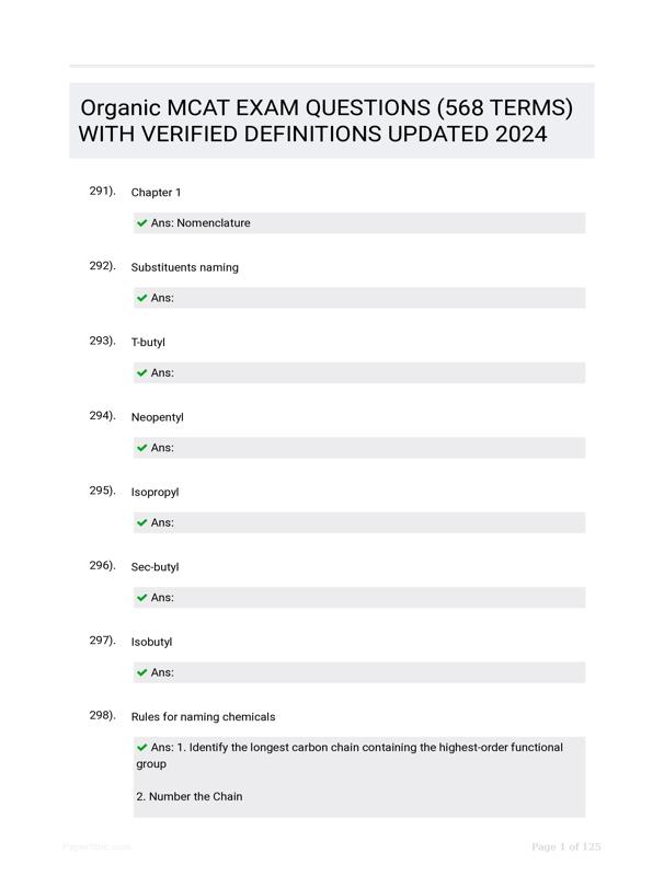 Organic MCAT EXAM QUESTIONS (568 TERMS) WITH VERIFIED DEFINITIONS ...