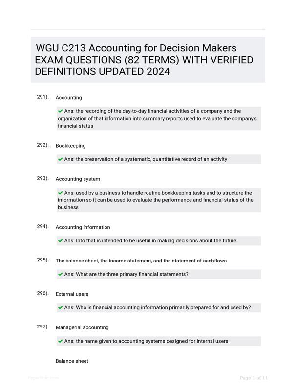 WGU C213 Accounting For Decision Makers EXAM QUESTIONS (82 TERMS) WITH ...