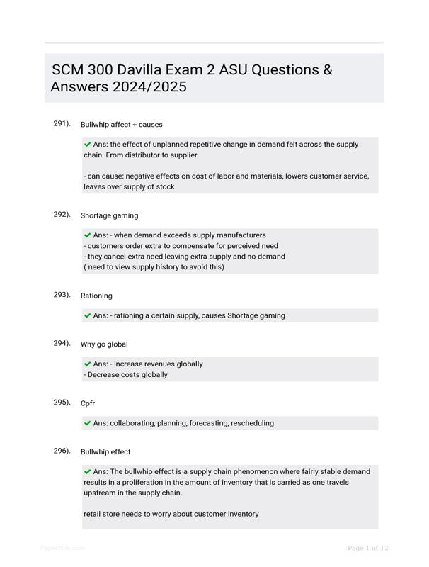 SCM 300 Davilla Exam 2 ASU Questions & Answers 2024/2025