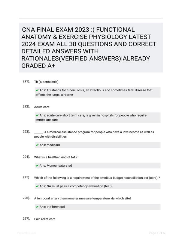 CNA FINAL EXAM 2023 :( FUNCTIONAL ANATOMY & EXERCISE PHYSIOLOGY LATEST ...