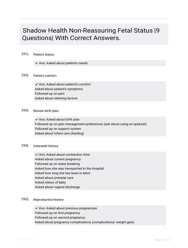 Shadow Health Non-Reassuring Fetal Status |9 Questions| With Correct ...