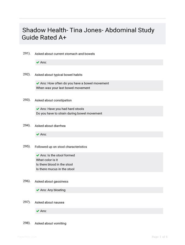 Shadow Health- Tina Jones- Abdominal Study Guide Rated A+