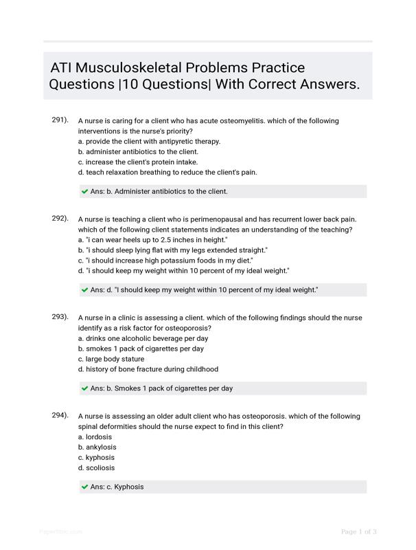 ATI Musculoskeletal Problems Practice Questions |10 Questions| With ...
