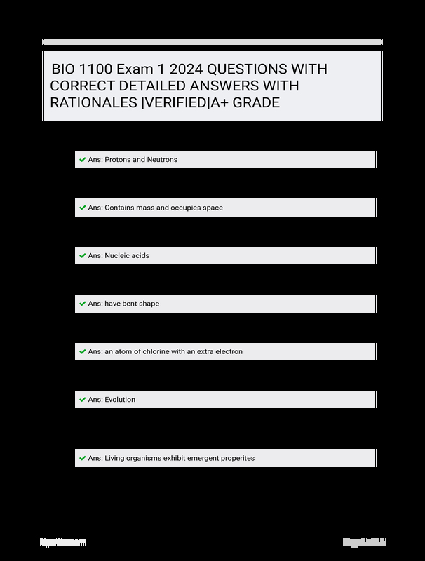 BIO 1100 Exam 1 2024 QUESTIONS WITH CORRECT DETAILED ANSWERS WITH ...