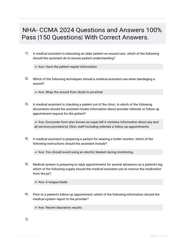 NHA- CCMA 2024 Questions And Answers 100% Pass |150 Questions| With Correct Answers.