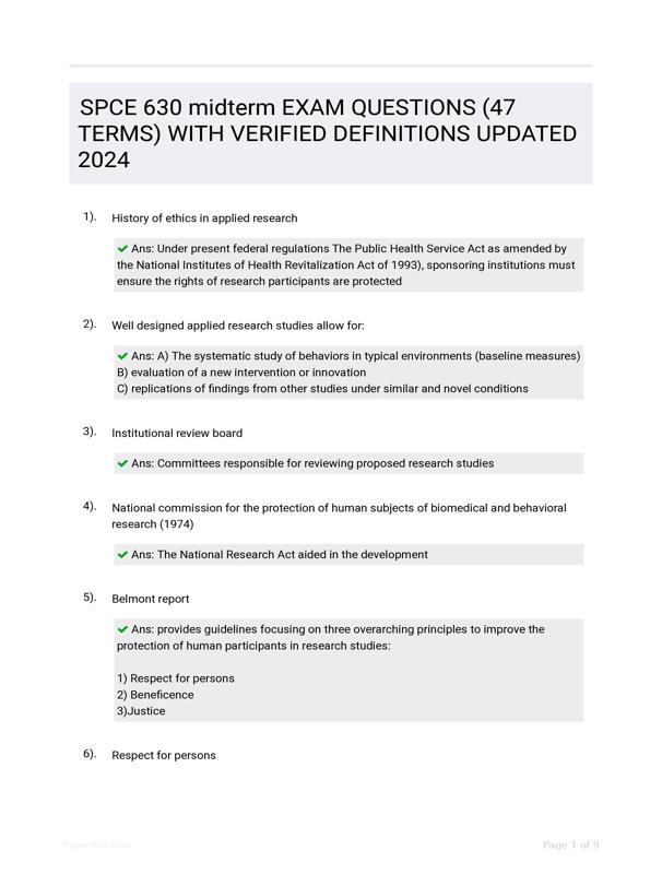 SPCE 630 Midterm EXAM QUESTIONS (47 TERMS) WITH VERIFIED DEFINITIONS ...