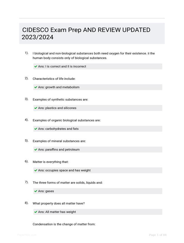 CIDESCO Exam Prep AND REVIEW UPDATED 2023/2024
