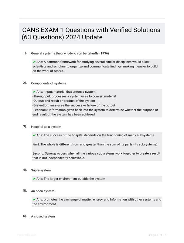 CANS EXAM 1 Questions With Verified Solutions (63 Questions) 2024 Update