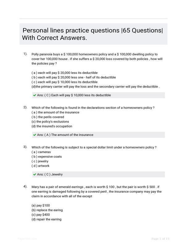 Personal Lines Practice Questions |65 Questions| With Correct Answers.