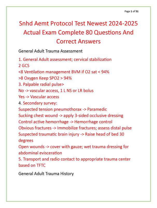 Snhd Aemt Protocol Test Newest 2024-2025 Actual Exam Complete 80 ...