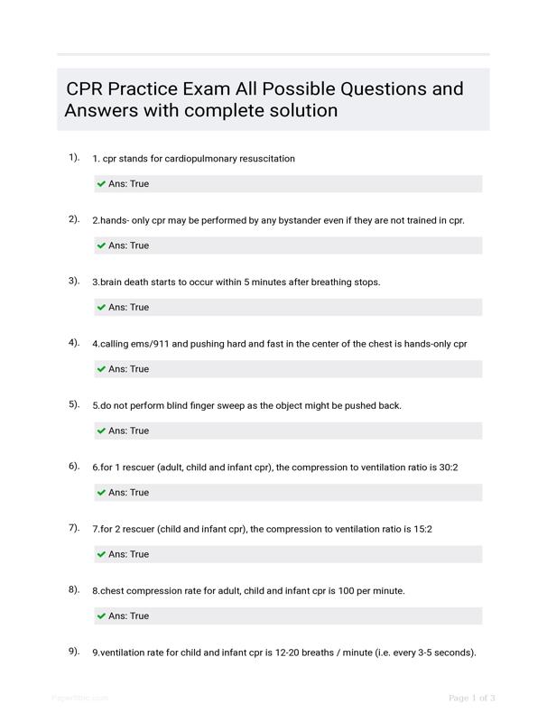 CPR Practice Exam All Possible Questions And Answers With Complete Solution