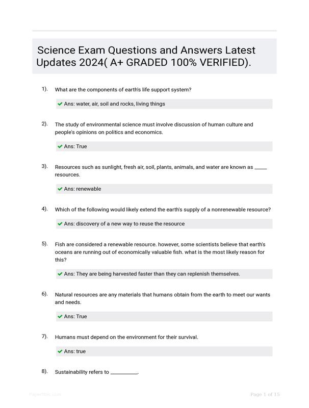 Science Exam Questions And Answers Latest Updates 2024( A+ GRADED 100% ...