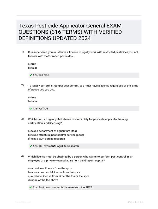 Texas Pesticide Applicator General EXAM QUESTIONS (316 TERMS) WITH ...