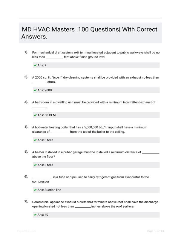 MD HVAC Masters |100 Questions| With Correct Answers.