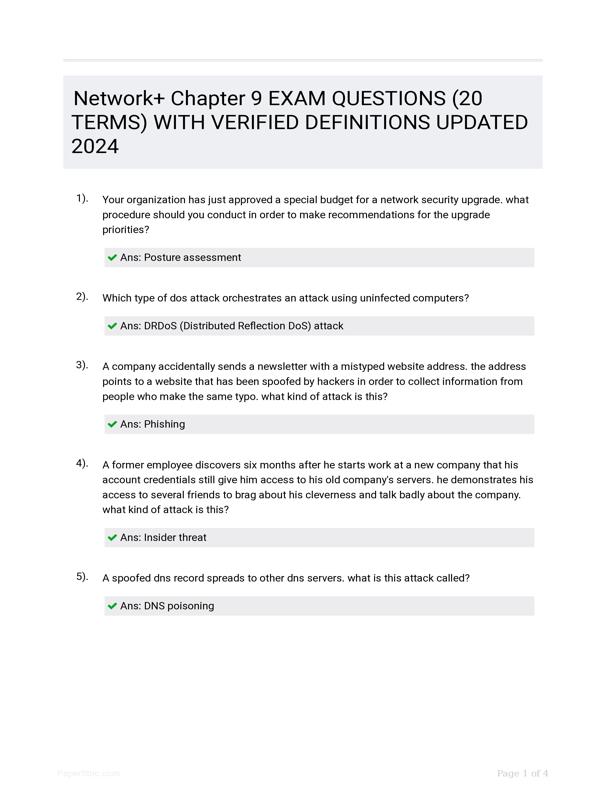 Network+ Chapter 9 EXAM QUESTIONS (20 TERMS) WITH VERIFIED DEFINITIONS ...