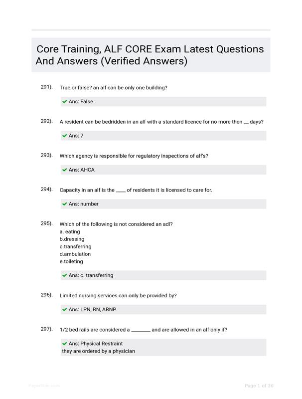 Core Training, ALF CORE Exam Questions And Answers Latest Update 2024 ...