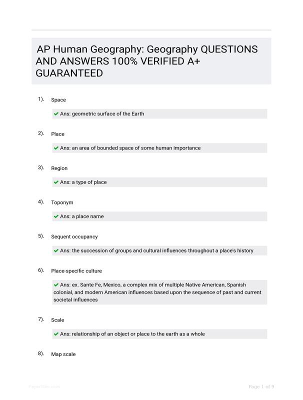 AP Human Geography: Geography QUESTIONS AND ANSWERS 100% VERIFIED A+ ...