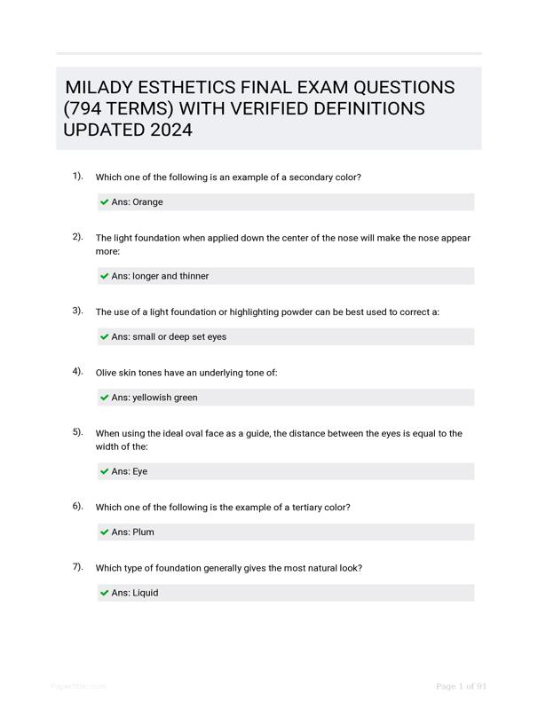 MILADY ESTHETICS FINAL EXAM QUESTIONS (794 TERMS) WITH VERIFIED ...